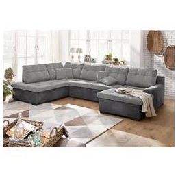 Wohnlandschaft Home Affaire "Föhr U-Form" Sofas Gr. B/H/T: 310cm x 75cm x 200cm, Microfaser MELROSE-Struktur grob, Recamiere rechts, ohne Bettfunktion, grau (schwarz, hellgrau) wahlweise mit Bettfunktion