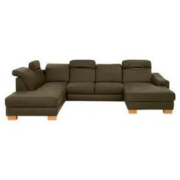 Wohnlandschaft Home Affaire "Dundee U-Form", grün (olive), B:338cm H:86cm T:219cm, Luxus-Microfaser Lederoptik (100% Polyester), Sofas, wahlweise mit Kopfteilverstellung und zusätzlich mit Bettfunktion