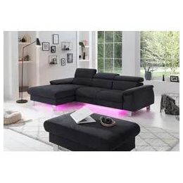 Ecksofa COTTA "Komaris L-Form" Sofas Gr. B/H/T: 244cm x 72cm x 166cm, Microfaser PRIMABELLE, Recamiere links, ohne Bettfunktion-ohne Bettkasten-mit RGB-LED-Beleuchtung, grau (lava) mit Kopfteilverstellung, wahlweise Bettfunktion,Stauraum & Beleuchtung