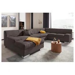 Wohnlandschaft DOMO collection "Bero U-Form" Sofas Gr. B/H/T: 328cm x 74cm x 212cm, Struktur fein, Recamiere links, mit Bettfunktion, grau (stone) wahlweise mit Bettfunktion