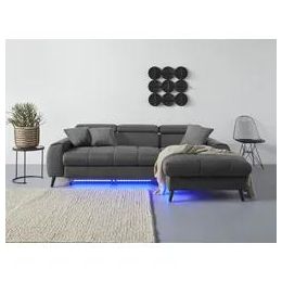 Ecksofa COTTA "Mia L-Form" Sofas Gr. B/H/T: 236cm x 74cm x 164cm, Flachgewebe, Recamiere rechts, Mit Bettfunktion-mit Bettkasten-mit RGB-LED-Beleuchtung-ohne Wireless Charger, grau (dark grey) 3-tlg.-Kissen-Set, Recamiere, wahlweise mit oder ohne RGB-Beleuchtung