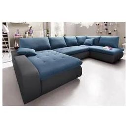 Wohnlandschaft Trendmanufaktur "Indie, toller Sitzkomfort, aufwendige Detailverarbeitung, U-Form" Sofas Gr. B/H/T: 335cm x 86cm x 179cm, Kunstleder SOFTLUX-Struktur fein, Recamiere links, XXL-ohne Bettfunktion, schwarz (schwarz/aqua) wahlweise mit Bettfunktion