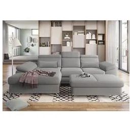 Sit & More Ecksofa SIT&MORE "Cabrio L-Form" Sofas Gr. B/H/T: 295 cm x 87 cm x 180 cm, Luxus-Microfaser, Recamiere links, mit Sitztiefenverstellung-mit Kopfteilverstellung-mit Armteilfunktion-mit 2 Nierenkissen, grau mit Sitztiefen- und Armteilverstellung sowie Federkern, 2 Nierenkissen