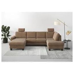 Wohnlandschaft Home Affaire "Summer U-Form" Sofas Gr. B/H/T: 314 cm x 91 cm x 170 cm, Breitcord, Recamiere links, mit Bettfunktion-mit Bettkasten-ohne Federkern, braun (latte) mit oder ohne Bettfunktion und Bettkasten, wengefarbene Holzfüße