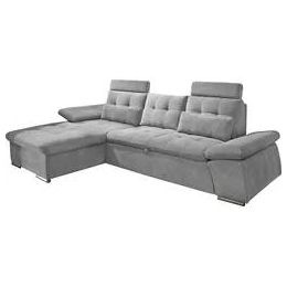 Ecksofa ED EXCITING DESIGN "Nalo L-Form" Sofas Gr. B/H/T: 268cm x 103cm x 170cm, Microvelours, Recamiere links, grau (dunkelgrau) mit Bettfunktion, Kopfstützen, Nierenkissen, Armteilverstellung