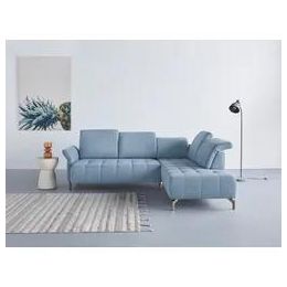 Ecksofa Inosign "Fresh L-Form" Sofas Gr. B/H/T: 260cm x 79cm x 220cm, Olympia EASY CLEAN, Ottomane rechts, mit Armteilverstellung-mit Kopfteilverstellung-mit Vorziehsitz motorisch, blau (hellblau) Federkern, wahlweise Kopfteilverstellung und motorischer Vorziehsitz