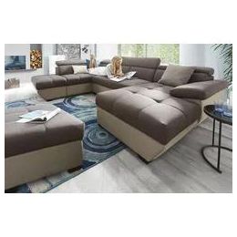 Wohnlandschaft COTTA "Speedway U-Form" Sofas Gr. B/H/T: 332cm x 79cm x 102cm, Flachgewebe-Struktur, Recamiere rechts, ohne Bettfunktion-ohne Bettkasten-mit Kopfteilverstellung, beige (beige, braungrau) wahlweise mit Bettfunktion und Bettkasten