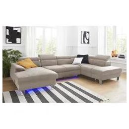 Wohnlandschaft COTTA "Komaris U-Form" Sofas Gr. B: 320 cm, Microfaser PRIMABELLE, Ottomane rechts, ohne Bettfunktion-ohne Bettkasten-ohne RGB-LED-Beleuchtung-mit Kopfteilverstellung, beige inklusive Kopfteilverstellung, wahlweise mit Bettfunktion und RGB-LED