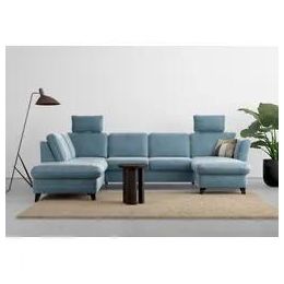 Wohnlandschaft Home Affaire "Trelleborg U-Form" Sofas Gr. B/H/T: 307 cm x 86 cm x 213 cm, Breitcord, Ottomane links, ohne Bettfunktion-ohne Stauraum, blau (blau, grau) wahlweise mit Bettfunktion und Bettkasten, inkl. Federkern-Polsterung