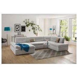 Wohnlandschaft Inosign "Avesa U-Form" Sofas Gr. B/H/T: 355cm x 80cm x 216cm, Struktur weich, Longchair links, mit Armteilverstellung-mit Schlaffunktion, grau (hellgrau) Wahlweise mit Armteilverstellung und Bettfunktion, BTH: 35521680cm