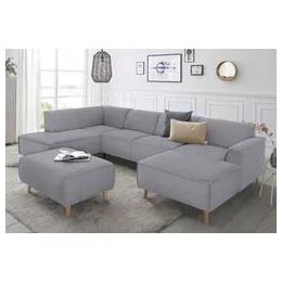 Wohnlandschaft Andas "Janek U-Form" Sofas Gr. B/H/T: 324cm x 81cm x 191cm, Struktur weich, Ottomane links, ohne Funktion, grau mit Federkern und Keder in scandinavischem Design