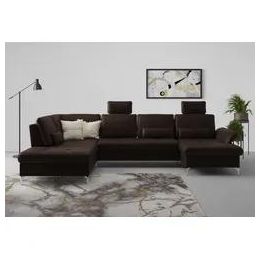 Wohnlandschaft Inosign "Palm Beach U-Form", braun (dunkelbraun), B:347cm H:89cm T:224cm, 100%Polyester, Sofas, Federkern, mit Sitztiefenverstellung, wahlweise mit Bettfunktion