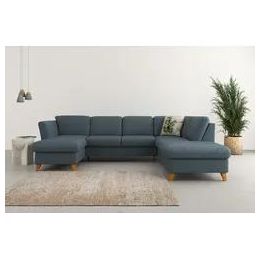 Wohnlandschaft Home Affaire "Trelleborg U-Form" Sofas Gr. B/H/T: 307cm x 86cm x 213cm, Struktur, Ottomane rechts, ohne Bettfunktion-ohne Stauraum, blau (blaugrau) Federkern-Polsterung, wahlweise mit Bettfunktion und Stauraum