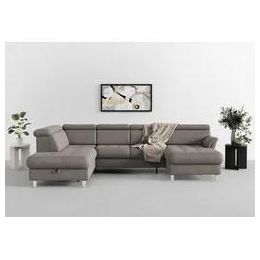 Sit & More Wohnlandschaft SIT & MORE "Marano U-Form", grau (grau 38), B:304cm T:216cm, 100% Polyester, Sofas, inklusive Kopfteilverstellung, wahlweise mit Bettfunktion, Bettkasten