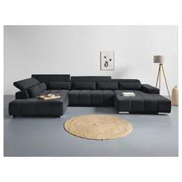 Wohnlandschaft COTTA "Orion U-Form" Sofas Gr. B/H/T: 409 cm x 73 cm x 225 cm, Chenille, Ottomane links-Recamiere rechts, schwarz (black) inkl. Kopfteilverstellung und Zierkissen