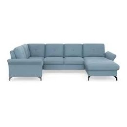 Wohnlandschaft Places of Style "Calando U-Form" Sofas Gr. B/H/T: 326cm x 91cm x 188cm, Soft clean, mega-Recamiere rechts, ohne Bettfunktion-ohne Bettkasten-ohne Armteilverstellung, blau (hellblau) wahlweise mit Bettfunktion, Bettkasten und Armteilfunktion