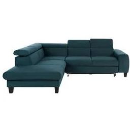 Ecksofa COTTA "Morven L-Form" Sofas Gr. B/H/T: 249cm x 75cm x 207cm, Samtvelours, Ottomane links, mit Bettfunktion-mit Bettkasten-ohne Ladestation-mit Kopfteilverstellung, blau (petrol) Kopfteilverstellung, wahlweise mit Bettfunktion und Bettkasten