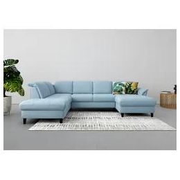 Sit & More Wohnlandschaft SIT & MORE "Maggiore U-Form" Sofas Gr. B/H/T: 312cm x 88cm x 224cm, Soft clean, Ottomane links, ohne Kopfteilverstellung-ohne Bettfunktion-ohne Stauraum-Fussfarbe: schwarz matt, blau (hellblau) wahlweise mit Kopfteilverstellung, Bettfunktion und Stauraum