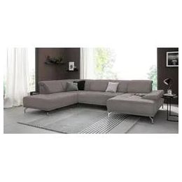 Wohnlandschaft Places of Style "Caluna U-Form" Sofas Gr. B/H/T: 332 cm x 81 cm x 234 cm, Flachgewebe, Recamiere rechts, grau (hellgrau) mit Sitztiefen- und Kopfteilverstellung