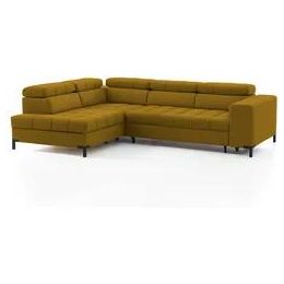 Ecksofa exxpo - SOFA FASHION "Bocco, hochwertige Verarbeitung, toller Sitzkomfort, bequem, L-Form" Sofas Gr. B/H/T: 276cm x 75cm x 203cm, Samtvelours, Ottomane links, ohne Bettfunktion-ohne Bettkasten, gelb (mustard) wahlweise mit Bettfunktion u. Bettkasten, inkl. Kopfteilverstellung