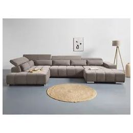 Wohnlandschaft COTTA "Orion U-Form" Sofas Gr. B/H/T: 409 cm x 73 cm x 225 cm, Chenille, Ottomane links-Recamiere rechts, grau (taupe) inkl. Kopfteilverstellung und Zierkissen