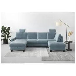 Wohnlandschaft Home Affaire "Summer U-Form" Sofas Gr. B/H/T: 314 cm x 91 cm x 170 cm, Breitcord, Recamiere links, mit Bettfunktion-mit Bettkasten-ohne Federkern, blau (blau, grau) mit oder ohne Bettfunktion und Bettkasten, wengefarbene Holzfüße