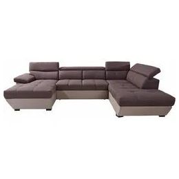 Wohnlandschaft COTTA "Speedway U-Form" Sofas Gr. B/H/T: 332cm x 79cm x 102cm, Flachgewebe-Struktur, Recamiere links, mit Bettfunktion-mit Bettkasten-mit Kopfteilverstellung, beige (beige, braungrau) wahlweise mit Bettfunktion und Bettkasten