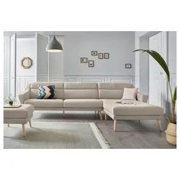 Ecksofa Andas "Bille L-Form" Sofas Gr. B/H/T: 302cm x 86cm x 178cm, Struktur, Recamiere rechts, beige (creme) mit Naht im Rückenkissen und Beinen aus Eichenholz