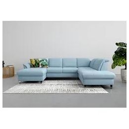 Sit & More Wohnlandschaft SIT & MORE "Maggiore U-Form" Sofas Gr. B/T: 312 cm x 224 cm, Soft clean, Ottomane rechts, mit Kopfteilverstellung-ohne Bettfunktion-ohne Stauraum-Fussfarbe: Nickel satiniert, blau (hellblau) wahlweise mit Kopfteilverstellung, Bettfunktion und Stauraum