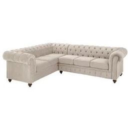 Chesterfield-Sofa Home Affaire "Chesterfield Ecksofa, auch in Leder L-Form" Sofas Gr. B/H/T: 250cm x 74cm x 210cm, Luxus-Microfaser weich, langer Schenkel rechts, beige (creme) hochwertige Knopfheftung, langer Schenkel links oder rechts wählbar