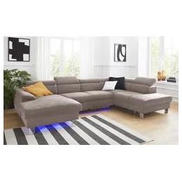 Wohnlandschaft COTTA "Komaris U-Form" Sofas Gr. B: 320 cm, Microfaser PRIMABELLE, Ottomane rechts, ohne Bettfunktion-ohne Bettkasten-ohne RGB-LED-Beleuchtung-mit Kopfteilverstellung, braun (mud) inklusive Kopfteilverstellung, wahlweise mit Bettfunktion und RGB-LED