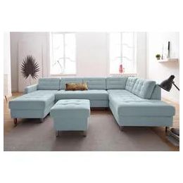 Sit & More Wohnlandschaft SIT & MORE "Picasso U-Form" Sofas Gr. B/H/T: 294cm x 80cm x 196cm, Struktur fein, Ottomane rechts, mit Bettfunktion-mit Bettkasten, blau (aqua) wahlweise mit Bettfunktion und Bettkasten