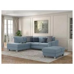 Sit & More Ecksofa SIT & MORE "Dundee L-Form" Sofas Gr. B/H/T: 263cm x 86cm x 219cm, Struktur weich, Ottomane links, mit Kopfteilverstellung-ohne Bettfunktion-ohne Stauraum, blau (hellblau) mit Federkern und Edelstahlfüßen, wahlweise Kopfteilverstellung