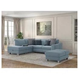 Sit & More Ecksofa SIT & MORE "Dundee L-Form" Sofas Gr. B/H/T: 263cm x 86cm x 219cm, Struktur weich, Ottomane links, mit Kopfteilverstellung-mit Bettfunktion-mit Stauraum, blau (hellblau) mit Federkern und Edelstahlfüßen, wahlweise Kopfteilverstellung