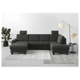 Wohnlandschaft Home Affaire "Summer U-Form" Sofas Gr. B/H/T: 314 cm x 91 cm x 170 cm, Feincord, Recamiere links, mit Bettfunktion-mit Bettkasten-ohne Federkern, grau (anthrazit) mit oder ohne Bettfunktion und Bettkasten, wengefarbene Holzfüße