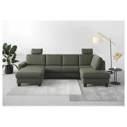 Wohnlandschaft Home Affaire "Summer U-Form" Sofas Gr. B/H/T: 314 cm x 91 cm x 170 cm, Feincord, Recamiere links, ohne Bettfunktion-ohne Bettkasten-ohne Federkern, grün (olive) mit oder ohne Bettfunktion und Bettkasten, wengefarbene Holzfüße