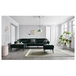 Ecksofa Andas "Bille L-Form" Sofas Gr. B/H/T: 302cm x 86cm x 178cm, Samtoptik, Recamiere links, grün mit Naht im Rückenkissen und Beinen aus Eichenholz