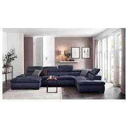 Wohnlandschaft Home Affaire "Alberto U-Form" Sofas Gr. B/H/T: 350cm x 73cm x 228cm, Luxus-Microfaser Vintageoptik, Recamiere links, mit Bettfunktion, blau (dunkelblau) mit Kopfteilverstellung, wahlweise Bettfunktion