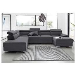 Wohnlandschaft DOMO collection "Mira U-Form" Sofas Gr. B/H/T: 337cm x 78cm x 230cm, Luxus-Microfaser, Recamiere rechts, mit Kopfteilverstellung, grau (dunkelgrau) wahlweise mit Bettfunktion und Bettkasten