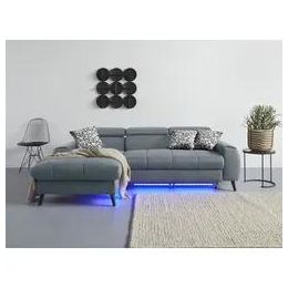 Ecksofa COTTA "Mia L-Form" Sofas Gr. B/H/T: 236cm x 74cm x 164cm, Flachgewebe, Recamiere links, Mit Bettfunktion-mit Bettkasten-mit RGB-LED-Beleuchtung-ohne Wireless Charger, grau (niagara) 3-tlg.-Kissen-Set, Recamiere, wahlweise mit oder ohne RGB-Beleuchtung