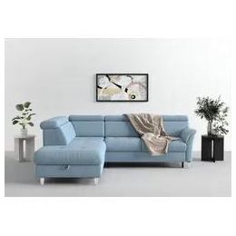 Sit & More Ecksofa SIT & MORE "Marano L-Form" Sofas Gr. B/T: 252cm x 216cm, Soft clean, Ottomane links, mit Bettfunktion-mit Stauraum-inklusive Kopfteilverstellung-Fußfarbe: Nickel satiniert, blau (hellblau) inklusive Kopfteilverstellung, wahlweise mit Bettfunktion, Bettkasten