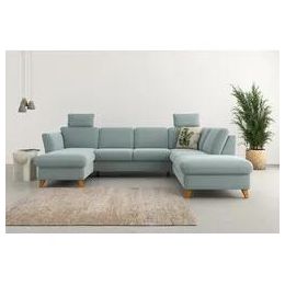 Wohnlandschaft Home Affaire "Trelleborg U-Form" Sofas Gr. B/H/T: 307 cm x 86 cm x 213 cm, Struktur fein, Ottomane rechts, mit Bettfunktion-mit Stauraum, blau (aqua) Federkern-Polsterung, wahlweise mit Bettfunktion und Stauraum