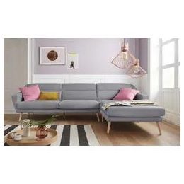 Ecksofa Andas "Bille L-Form" Sofas Gr. B/H/T: 302cm x 86cm x 178cm, Luxus-Microfaser weich, Recamiere rechts, grau (hellgrau) mit Naht im Rückenkissen und Beinen aus Eichenholz