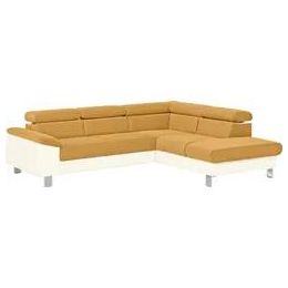 Ecksofa COTTA "Komaris L-Form" Sofas Gr. B/H/T: 249cm x 72cm x 100cm, Kunstleder SOFTLUX-Struktur, Ottomane rechts, ohne Bettfunktion-ohne Bettkasten-mit RGB-LED-Beleuchtung-mit Kopfteilverstellung, gelb (creme/senf) inklusive Kopf- bzw. Rückenverstellung, wahlweise Bettfunktion