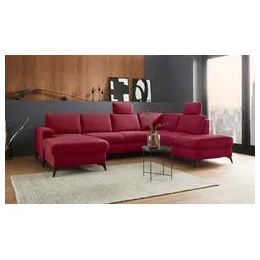 Wohnlandschaft Places of Style "Lolland U-Form" Sofas Gr. B/H/T: 303 cm x 88 cm x 212 cm, Luxus-Microfaser ALTARA NUBUCK, Ottomane rechts, mit Bettfunktion und Stauraum, rot (bordeaux) Wahlweise mit Bettfunktion und Stauraum, auch abwischbarem Bezug