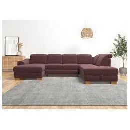 Wohnlandschaft Home Affaire "Dundee U-Form" Sofas Gr. B/H/T: 338cm x 86cm x 219cm, Flachgewebe, Ottomane rechts, mit Bettfunktion-mit Stauraum-mit Kopfteilverstellung, lila (flieder) wahlweise mit Kopfteilverstellung und zusätzlich Bettfunktion