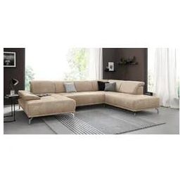 Wohnlandschaft Places of Style "Caluna U-Form" Sofas Gr. B/H/T: 332cm x 81cm x 234cm, Luxus-Microfaser Vintageoptik, Recamiere links, beige mit Sitztiefen- und Kopfteilverstellung