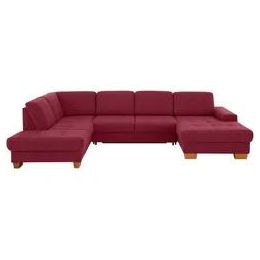 Wohnlandschaft Home Affaire "Puccini U-Form" Sofas Gr. B/H/T: 340cm x 86cm x 224cm, Luxus-Microfaser, Ottomane links, mit Bettfunktion-ohne Stauraum, rot (bordeaux) mit Federkern, Sitztiefenverstellung, Kontrastnaht