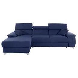 Ecksofa DOMO collection "Mira L-Form" Sofas Gr. B/H/T: 271cm x 78cm x 167cm, Struktur, Recamiere links, mit Kopfteilverstellung-mit Bettfunktion, blau (dunkelblau) wahlweise mit Bettfunktion und Bettkasten