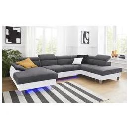 Wohnlandschaft COTTA "Komaris U-Form" Sofas Gr. B: 320 cm, Kunstleder SOFTLUX-Struktur, Ottomane rechts, ohne Bettfunktion-ohne Bettkasten-ohne RGB-LED-Beleuchtung-mit Kopfteilverstellung, weiß (white, stone) inklusive Kopfteilverstellung, wahlweise mit Bettfunktion und RGB-LED